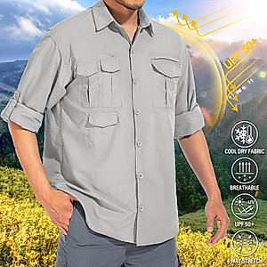 Mens Safari Shirt Fishing Hiking Clothes SPF 50 Sun Protection Long Sleeve Outdoor Quick Dry Vented Breathable Cool Utility Cargo Shirts (5068 Light Grey 3XL)