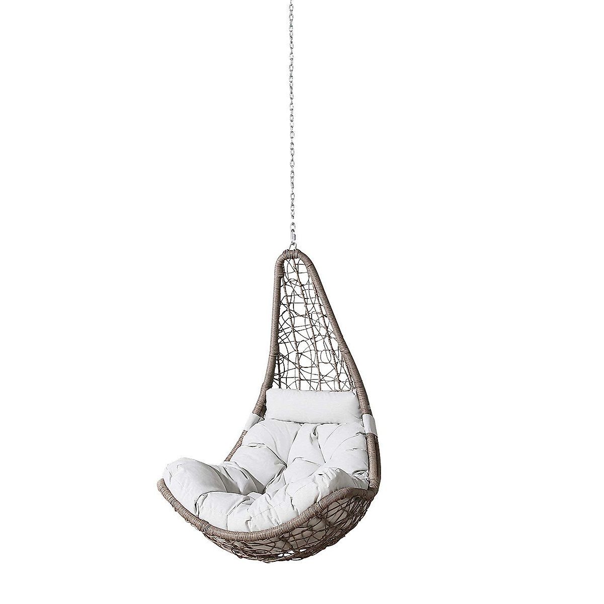 Ulax Furniture Outdoor Wicker Hanging Chair Swing, Patio Hanging Basket Swing Chair with Hanging Steel Chain (Beige)
