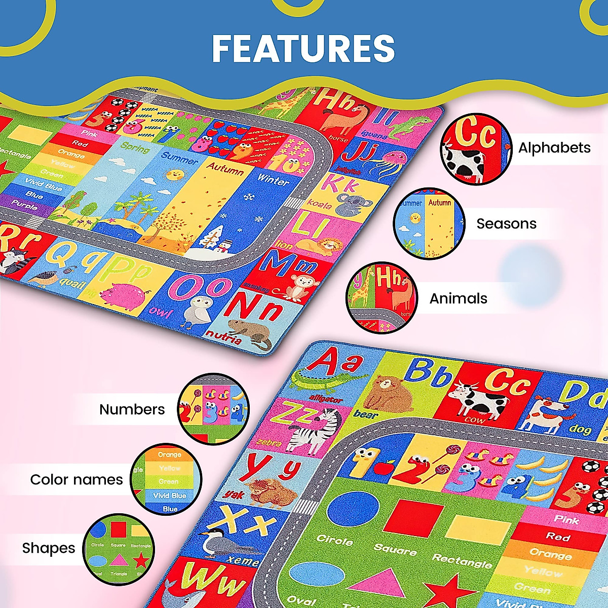 Toastmark Non-Slip ABC Rug for Fun Learning - 5X3 Feet - Polyester - Kids Rugs for Playroom with Alphabet, Numbers, Animal Seasons and Shapes - Multi-Color