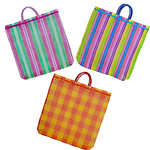 La Sol Imports Large Mercado Mexican Bags Tote Reusable Colorful Durable Mesh Grocery Bag 20 x 22 in Plus 5 in Handle (3 Piece 20 in)