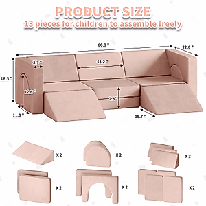 DEYGIA 13PCS Modular Kids Play Couch, Kids Couch with Climbing Slope, 13 in 1 Toddler Couch for Playing, Creativing, Sleeping, Indoor Kids Sofa for Boys and Girls (Pink)