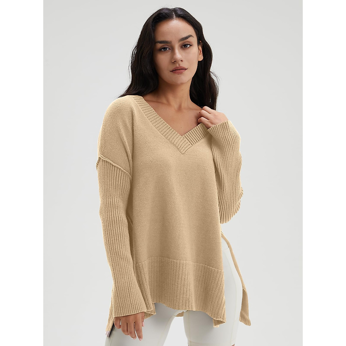 DEEP SELF Women's V Neck Oversized Sweaters 2024 Fall Winter Long Sleeve Split Hem Casual Asymmetric Tunic Pullover Sweater Knit Tops (Apricot, Small)