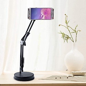 Overhead Phone Mount Stand ChromLives Phone Video Stand Articulating Arm Phone Mount Table Top with Base Adjustable 360° Cell Phone Tablet Holder Mount Desktop Compatible with Phones, Tablets, iPad