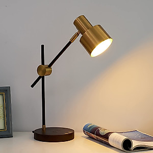 Yeefamons Desk Lamp with Wireless Charg and USB Port, Swing Arm,Brass Metal,Wood Bedside Nightstand Lights, Mid Century Modern Reading Lamp for Bedroom, Living Room, Office（5Watts Bulb Included）