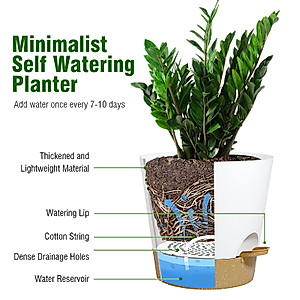 WOUSIWER Plant Pots, 7/6.5/6/5.5/5 Self Watering Plastic Planters with Deep Reservior and High Drainage Holes for Indoor Outdoor Flowers Plants, White with Terracotta