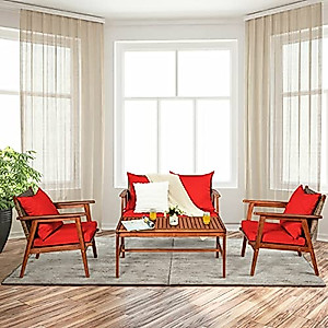 LUKEO 4PCS Patio Rattan Furniture Set Acacia Wood Frame Cushioned Sofa Chair Red Single Sofa