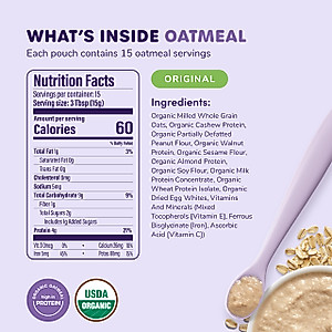 Ready, Set, Food! Organic Baby Oatmeal Cereal | Original | Organic Baby Food with 9 Top Allergens: Peanut, Egg, Milk, Cashew, Almond, Walnut, Sesame, Soy & Wheat | Unsweetened | Fortified with Iron | 15 Servings