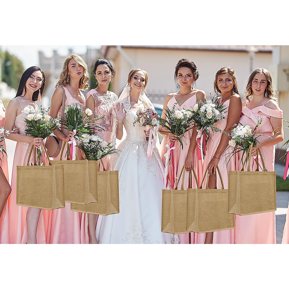 YOTNUS 10 Pack Burlap Jute Tote Bag, Reusable Grocery Bags with Handle Waterproof Beach Bag Bulk, Market Bag Burlap, Gift Bags, Large DIY Blank Tote for Wedding, Bridesmaid Bachelorette Bags