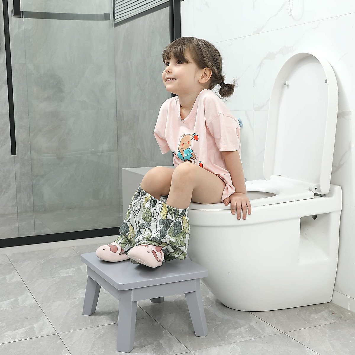 HOUCHICS Wooden Step Stool,One Step Stool for Adult Kids,Gray Wood Bedside Step Stool for Kitchen,Bathroom,Bedroom(Gray)