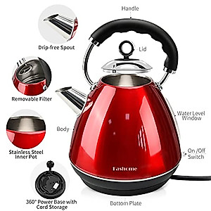 FASHOME Electric Kettle, Anti-Tip Design for Family with Children and Elderly, 1.7L Tea Kettle Stainless Steel Kettle with Filter & LED Lighting Switch, Boil Dry Protection and 3-7Min Fast Heating.