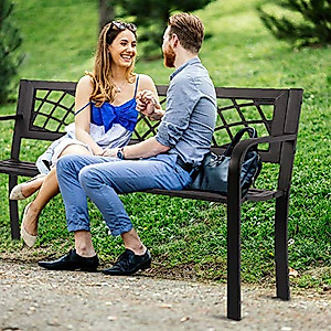 Patio Park Garden Bench Outdoor Metal Benches,400 lbs Cast Iron Steel Frame Chair w/PVC Mesh Pattern - for Park Yard Front Porch Path Yard Lawn Decor Deck Furniture,Black