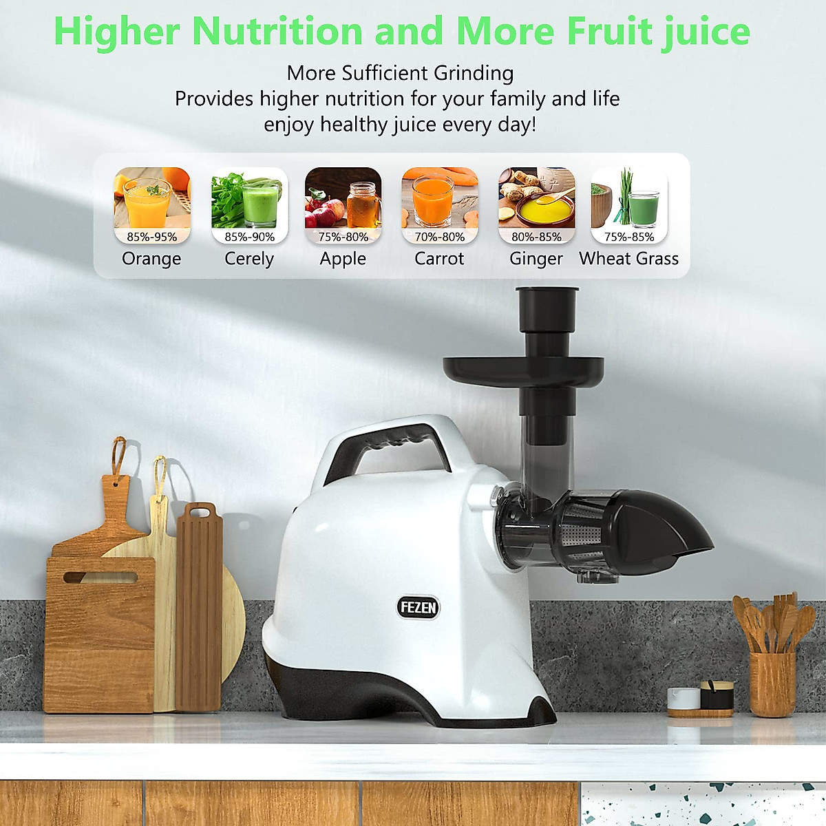 Juicer Machines, Fezen Slow Cold Pressed Juice Extractor for Fruits and Vegetables, 90% Juice Yield, Quiet Motor & Reverse Function, Easy to Clean Masticating Juicer, BPA FREE, with Brush & Recipes