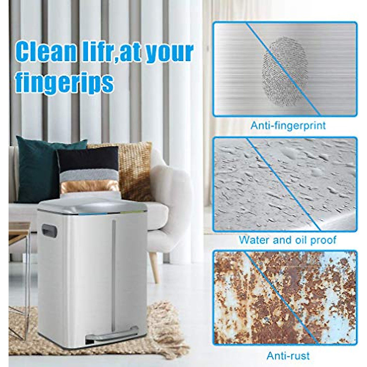 Dual Trash Can for Recycling and Trash 10 Gallon Step Garbage Cans with Lid & Double Barrel for Kitchen Bedroom Bathroom Office Fingerprint-Proof Brushed Stainless Steel Rubbish Bin 40Liter