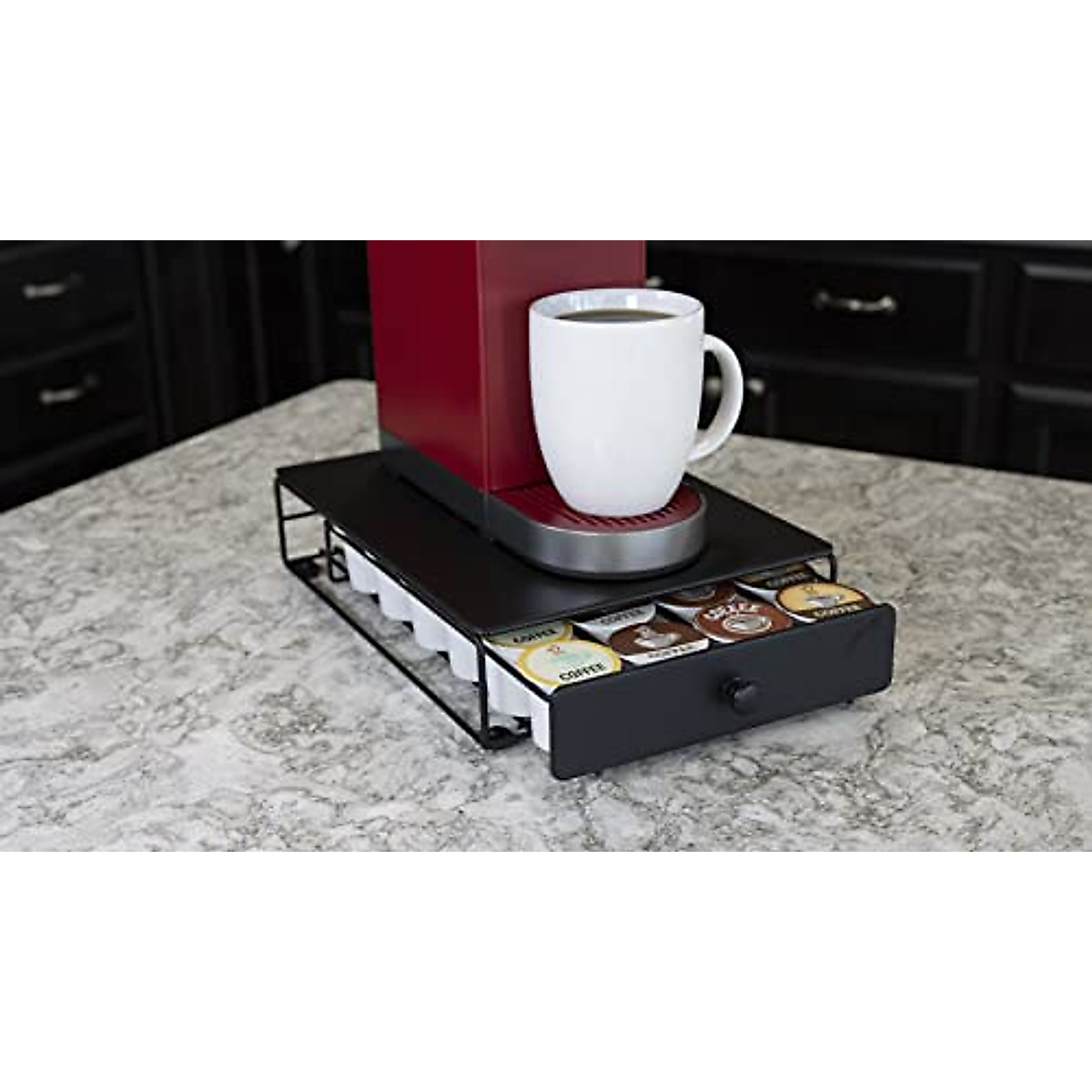 Nifty Coffee Pod Mini Drawer – Black Finish, Compatible with K-Cups, 24 Pod Pack Holder, Non-Rolling, Under Coffee Pot Storage, Sliding Drawer, Home Kitchen Counter Organizer