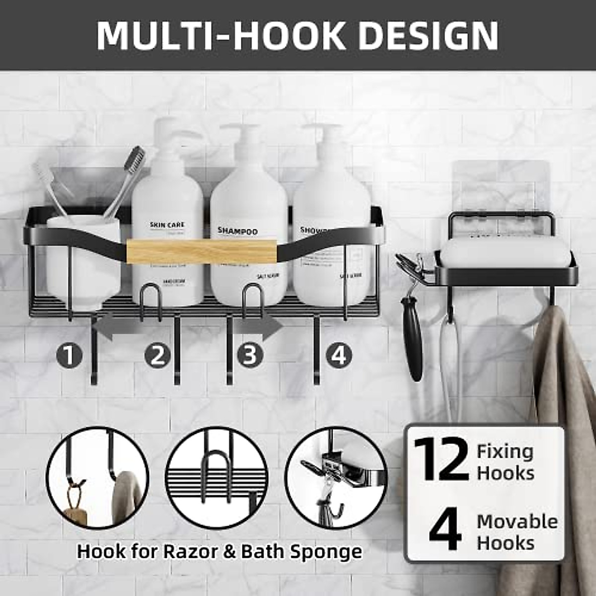 Shower Caddy Bathroom Shelf, 4-Pack Adhesive Shower Organizer with 2 Soap Holders and 16 Hooks, No Drilling Rustproof 304 Stainless Steel Shower Storage Basket Rack for Bathroom & Kitchen Storage