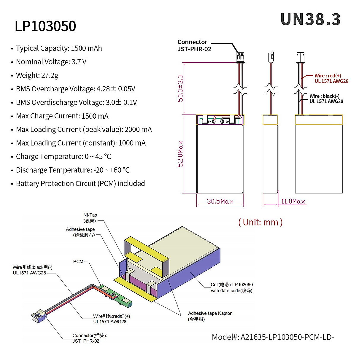 EEMB Lithium Polymer Battery 3.7V 1500mAh 103050 Lipo Rechargeable Battery Pack with Wire JST Connector for Speaker and Wireless Device- Confirm Device & Connector Polarity Before Purchase