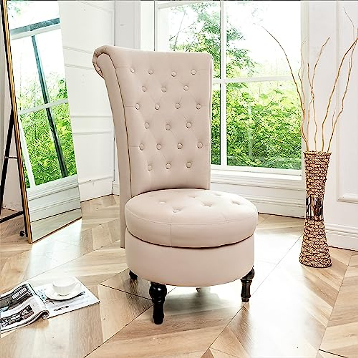 Container Furniture Direct Royal High-Back Velvet Accent Chair for Vanity with Storage and Luxurious Upholstery, Retro Design and Versatile Usage for Living Room, Bedroom, Lounge and Office, Ivory