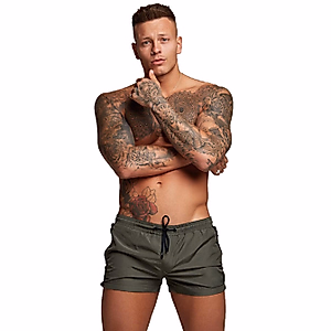 TONLEN Mens Swimwear Sports Shorts Swim Trunks with Zipper Pockets (US, Alpha, Large, Regular, Regular, Army Green)