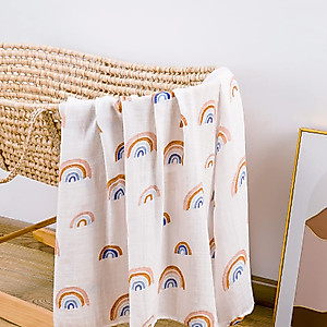 BabyWhale Muslin Swaddle Blanket with Hat and Headband Bow, Rainbow Pattern Swaddle Set for Baby Boys ＆ Girls, Newborn Soft Breathable Unisex Receiving Blanket Wrap, 47x47 inches