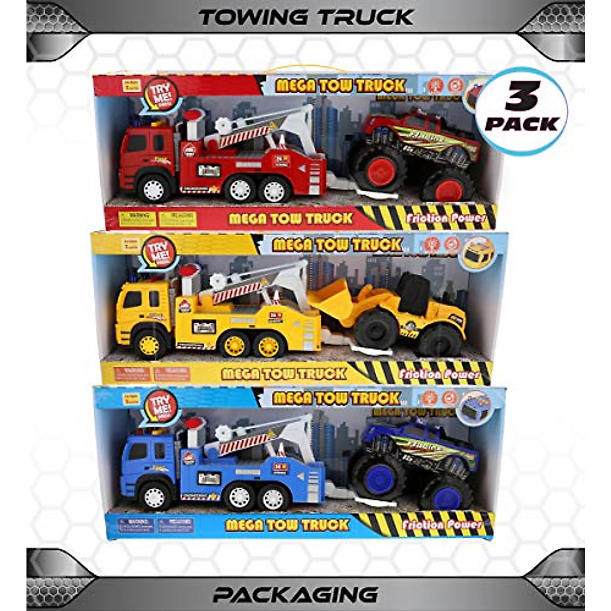 Mozlly Friction Powered Emergency Tow Truck Toys Set of 3 - Assorted Color Towing Trucks with Big Racing Monster Trucks & Bulldozer, Interactive Sound & Light - 3 Pack