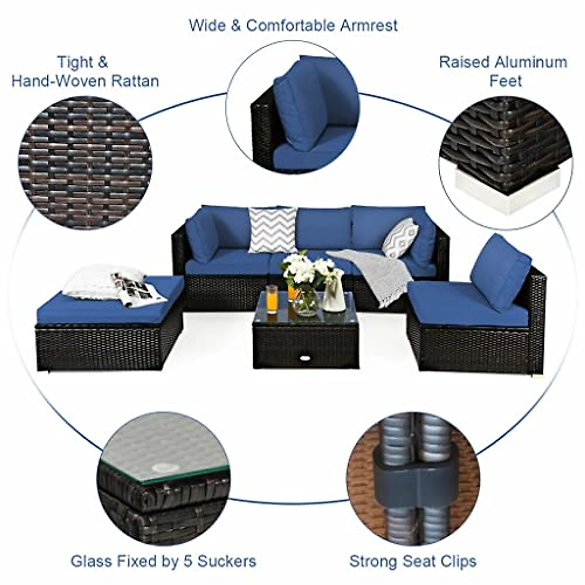 NICEDAYFY 6PCS Outdoor Patio Rattan Furniture Set Cushioned Sectional Sofa Navy for Your Garden, Balcony and Poolside