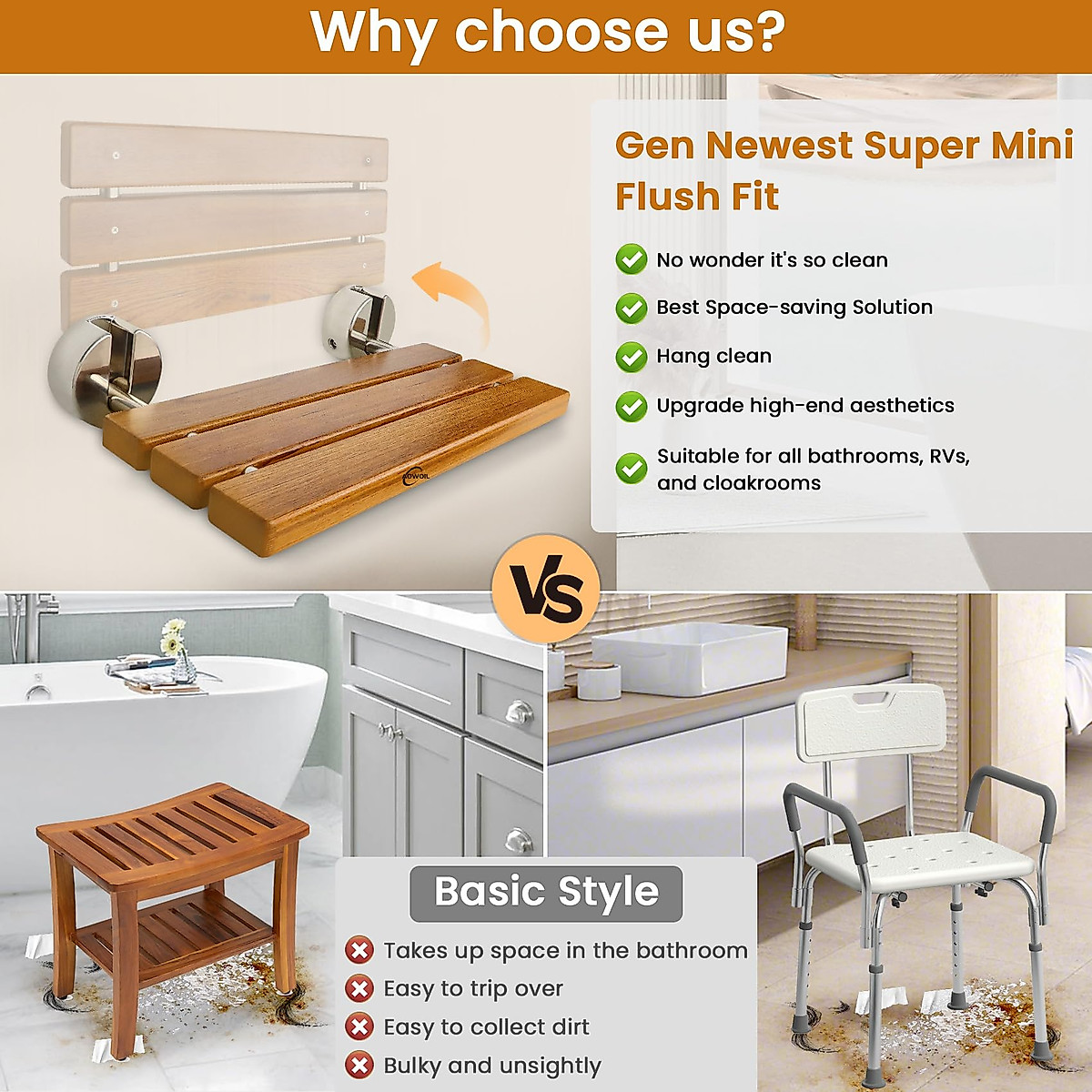 20" Folding Teak Shower Seat Wall Mounted,Fold Down Shower Seat,Foldable Shower Bench,Home Care Teak Shower Seat Bench for Inside Shower,Folding Shower Seat Bench,Wall Mount Shower Seat Bench Chair