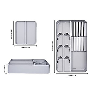 SOMIER 3-in-1 Kitchen Drawer Organizer Flatware Cutlery and Utensil Trays, 2-Tier Knife Holder - 4 Stacked Compartments Silverware Tray - A Removable Divider for Kitchen Gadgets Storage, Gray