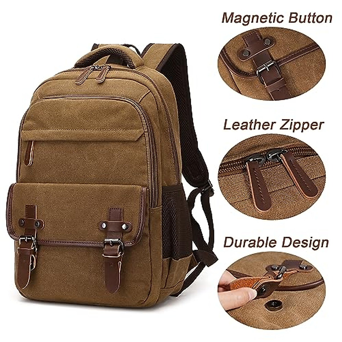 VAZUOOL Canvas Laptop Backpack, Vintage Daypack for Men Women, Brown Travel Rucksack Backpack College Bookbag Work Computer Bag Fits 15.6 Inch Laptop, Brown