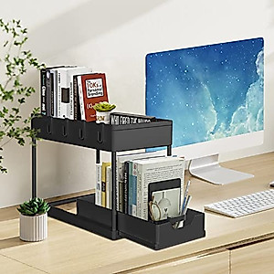 2 Pack Under Sink Organizer, Under Sink Organizers and Storage, Sliding 2 Tier Cabinet Organizer, Multi-Purpose Storage Rack with Hooks for Kitchen and Bathroom, Office, Bedroom(2 Pack) (Black2)