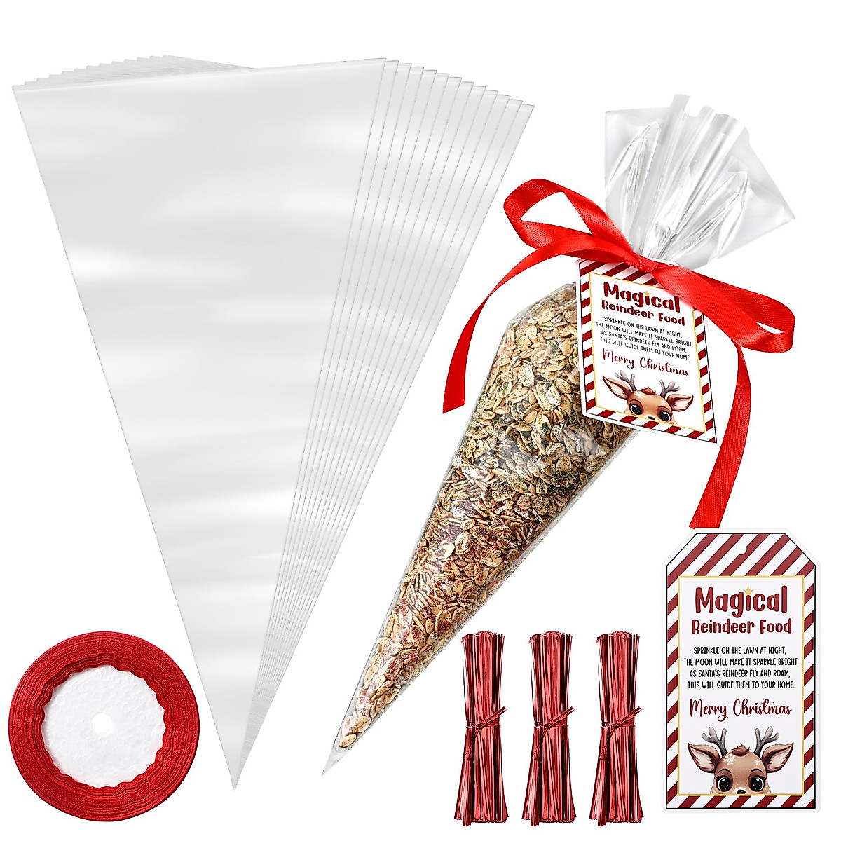 Dansydaisy 100 Set Magic Reindeer Food Christmas Treat Bag with Tag and Red Ribbon Christmas Party Favor Goodie Cone Bags with Labels Twist Ties Plastic Reindeer Food Bags for Xmas Gift Wrapping