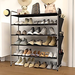 STORAGE MANIAC 5 Tier Shoe Rack with 6 Side Pockets, 23-Pairs Metal Shoes Organizer Free Standing Compact Shoe Storage Organizer Shoe Shelf for Closet Bedroom Entryway Hallway, Black