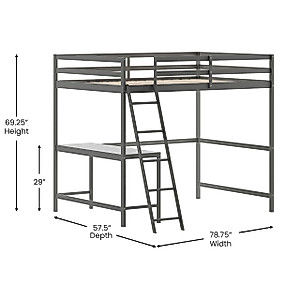 BizChair Loft Bed Frame with Desk - Light Gray Wood Slats - Full Size - Protective Guard Rails & Ladder - Kids and Teens - Space Saving Design
