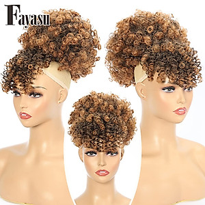 Fayasu Afro Puff Drawstring Ponytail with Kinky Curly Hair Clip in Bangs Short Ponytail Extension Black Girl Updo Hairpieces for Black Women (T30)