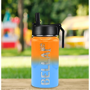 Personalized Kids Water Bottle with Straw Lid on Orange Blue Ombre for School Engraved Custom Children Name 12 oz Modern Insulated Stainless Steel