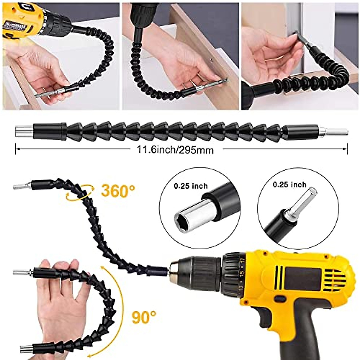 MXiiXM Flexible Drill Bit Extension Hex Shank Kit, Universal Socket Wrench Tools, 105° Right Angle Drill Attachment, 1/4 3/8 1/2" Rotatable Socket Adapter Set, Drill Bit Holder Screwdriver with Box