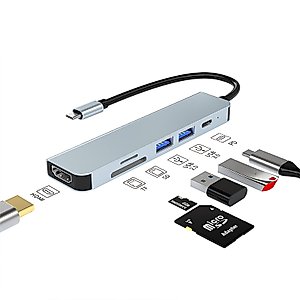 INT'L Flyer USB C Hub Multiport Adapter, 6-in-1 Type C Portable Docking Station with 4K HDMI, USB 2.0/3.0 Ports, SD/TF Card Reader,65W Power Supply Compatible with Cell Phone/MacBook/Type C Devices