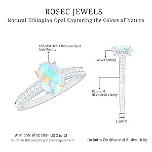 Certified Natural Opal 6X8mm Oval Shape Engagement Ring with Diamond, AAA Quality - With Jewelry Box, 14K White Gold, Size:US 6.00