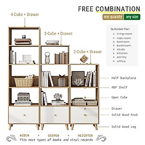 IOTXY Open Shelf Cube Bookcase - 71" Tall Mid-Century Large Bookshelf with Drawer and Deepen Display Storage Cabinet for Home Office, Oak