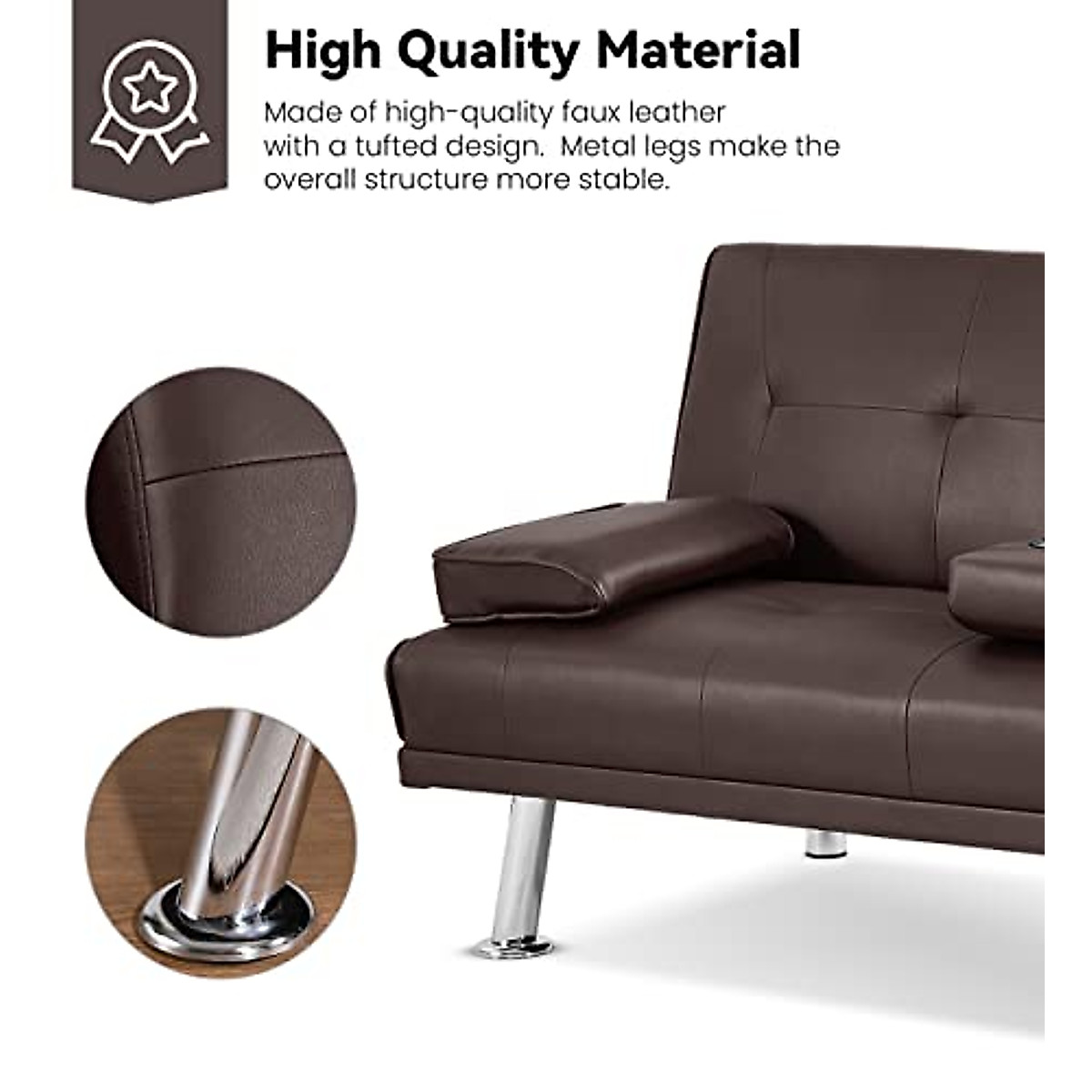 AWQM Faux Leather Futon Sofa Bed Upholstered Modern Convertible Sofa Bed Small Couch Bed Adjustable Couch Sleeper for Compact Living Space, Removable Armrests, Metal Legs, 2 Cupholders, Light Brown