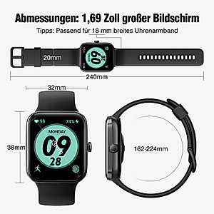 TMHAI Smart Watch, 1.69" Touch Screen Smartwatch with Blood Oxygen, Heart Rate and Sleep Monitor,for Android iOS Phones, 5ATM Waterproof Fitness Watch for Men Women