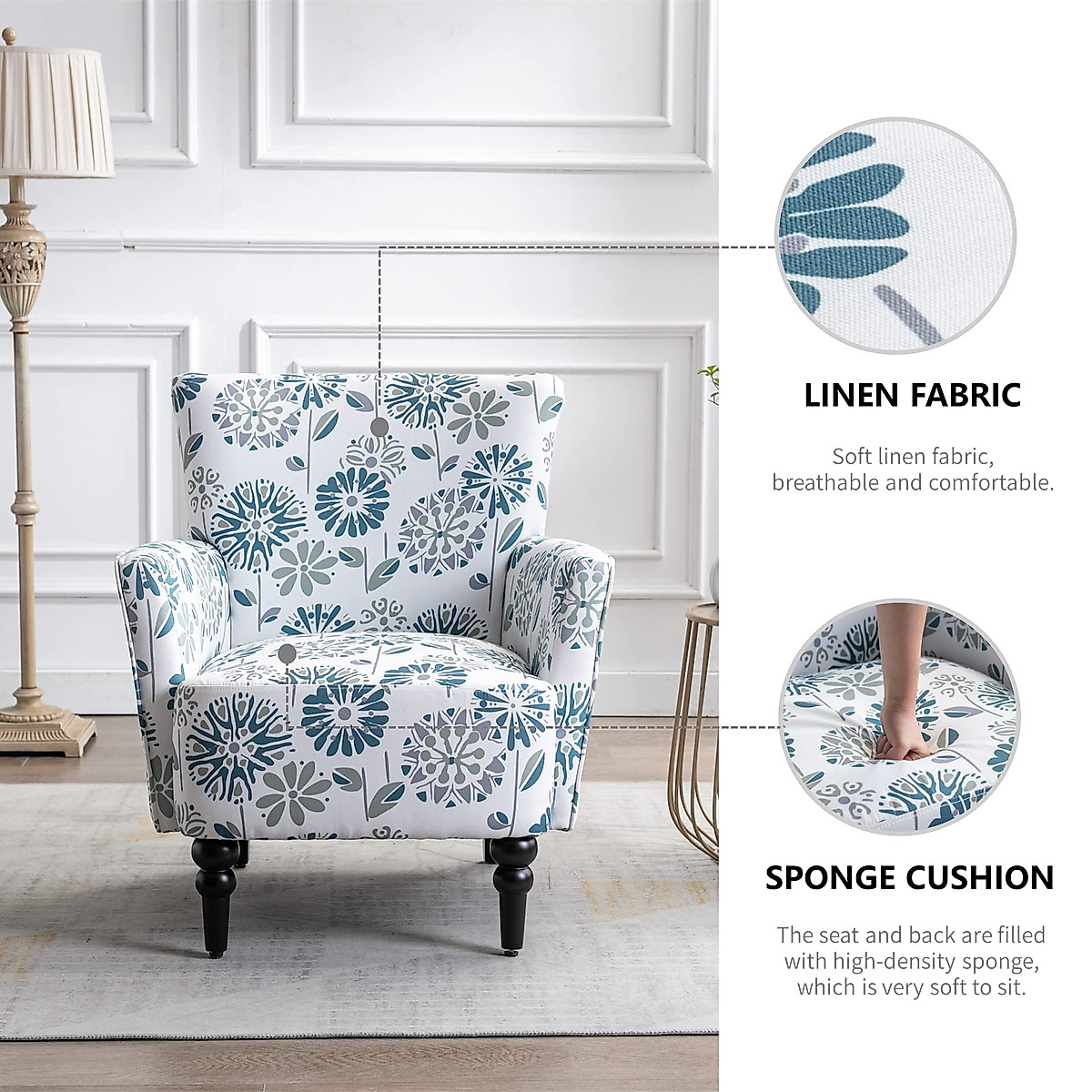 CAGUUIA Modern Accent Chair,Upholstered Arm Chair,Linen Fabric Living Room Chair with Solid Wood Legs,Reading Chair for Living Room, Bedroom or Reception Room (White Blue)