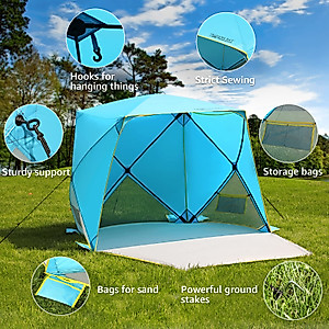 Old Bahama Bay Pop Up Beach Tent, Portable Shade Sun Shelter UPF50+ UV Protection for 4 Person Extendable Floor for Fishing Hiking Camping, Waterproof Windproof(Blue)