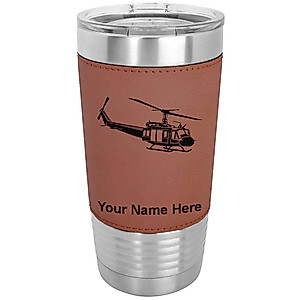 LaserGram 20oz Vacuum Insulated Tumbler Mug, Military Helicopter 2, Personalized Engraving Included (Faux Leather, Dark Brown)