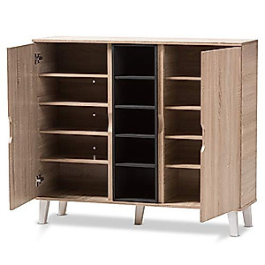 Baxton Studio Adelina Mid-Century Modern 2-Door Oak and Grey Wood Shoe Cabinet Mid-Century/Light Brown/Gray/Particle Board/MDF with PU Paper/
