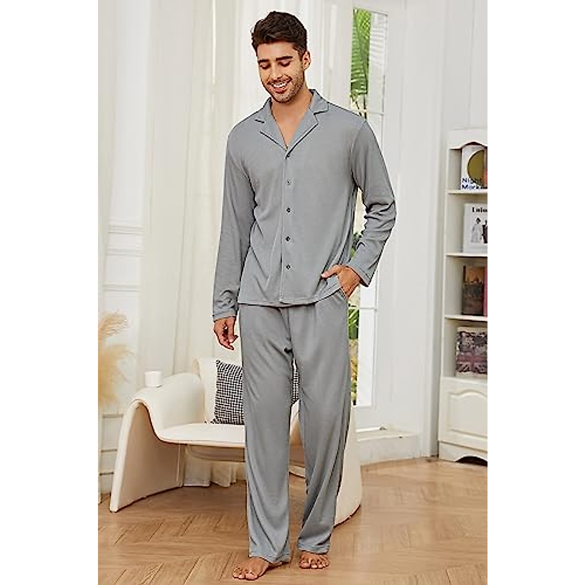 Andeip Mens Sleepwear Mens Pajamas Set Waffle Knit Long Sleeve Pjs Matching Lounge Set Light Grey L