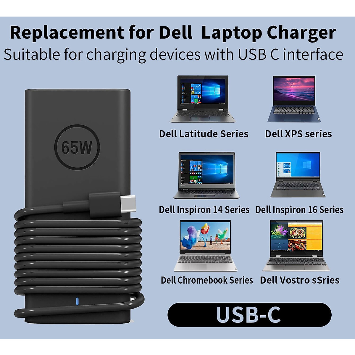 65W AC Adapter Charger for Dell Laptop Charger USB C: Dell Latitude 5520 5530 5540 7420 Chromebook XPS Inspiron 14 16 7620 Dell Power Cord Type C