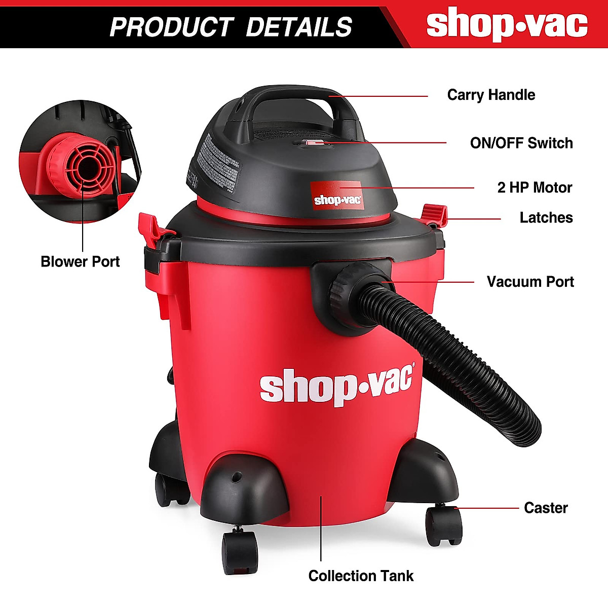 Shop-Vac 5 Gallon 2.0 Peak HP Wet/Dry Vacuum 5971536 + 90107 Paper Disc Filter 6 Pack