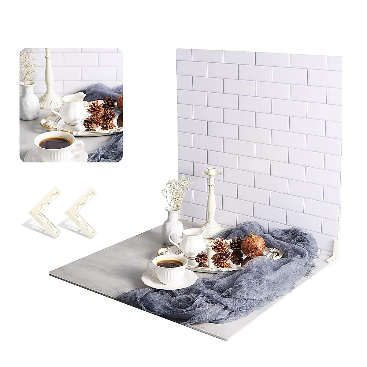BEIYANG 2 PCS 24X24 in Photography Backdrop Boards with 2 PCS Brackets, Brick Wall Cement Backdrop Boards Kit for Flat Lay or Food Photography
