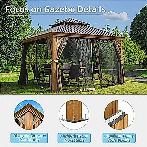 12'x12' Hardtop Gazebo, Outdoor Canopies and Gazebos, Outdoor Permanent Metal Pavilion with Curtains and Netting for Patio, Deck and Lawn