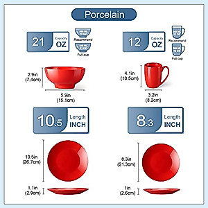 LOVECASA Red Dinnerware Sets for 4, 16 PCS Porcelain Dishes Set, Round Plates and Bowls Sets Including Dinner Plates, Dessert Plates, Bowls and Mugs, Microwave&Dishwasher Safe, Orangered